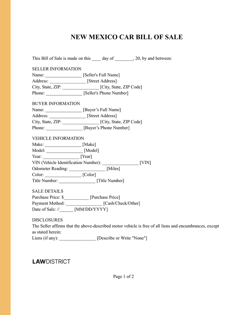 New Mexico Bill of Sale Forms | PDF & Word | Lawdistrict